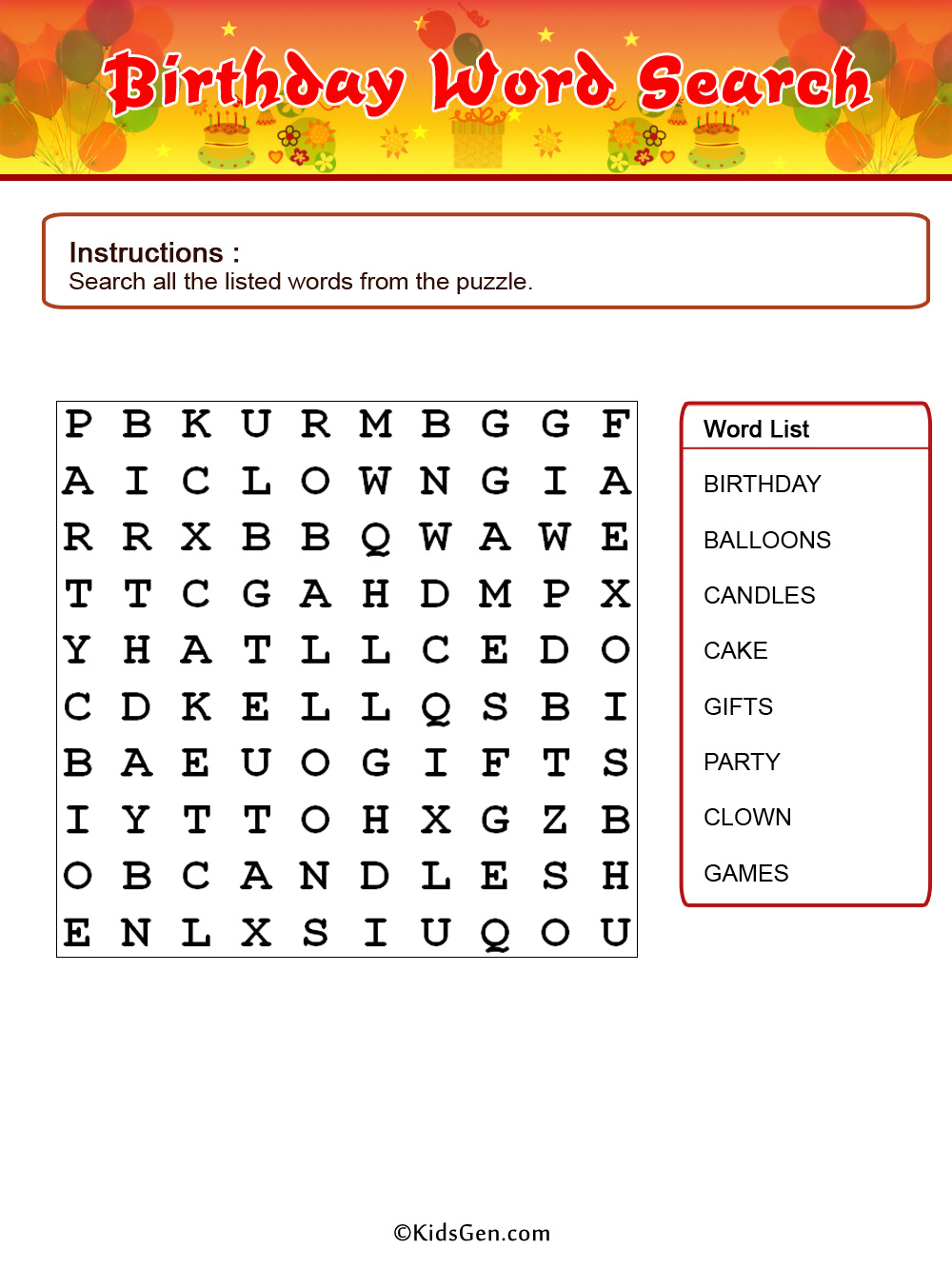 Birthday Colored Word Search Template Birthday Colored Word Search Template
